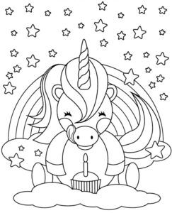 Printable unicorn & cupcake coloring page