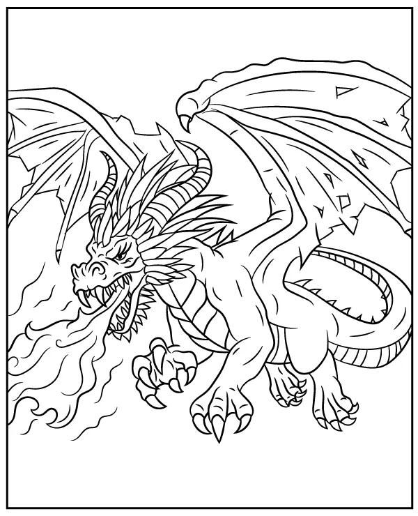 Angry dragon blowing fire coloring page
