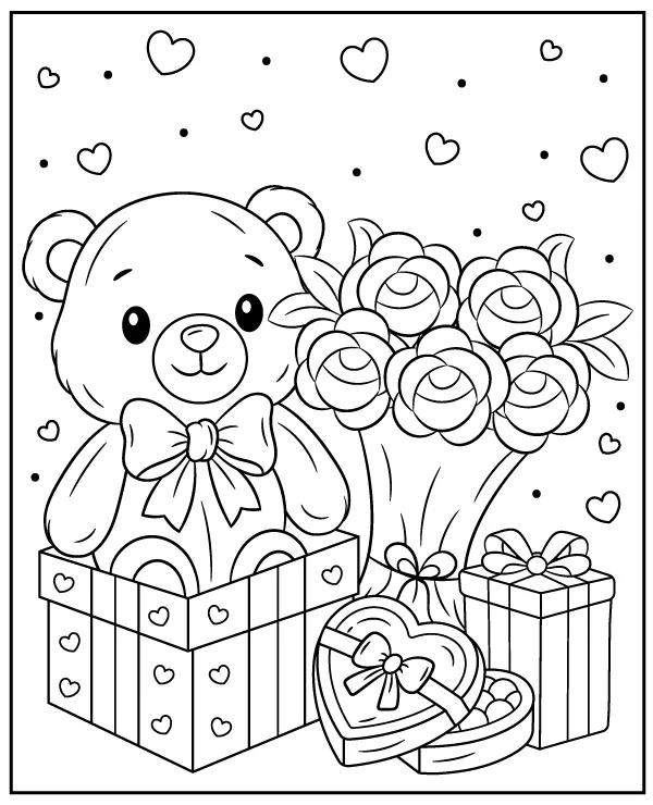 Valentine's Day Teddy Bear and Flowers Coloring Page
