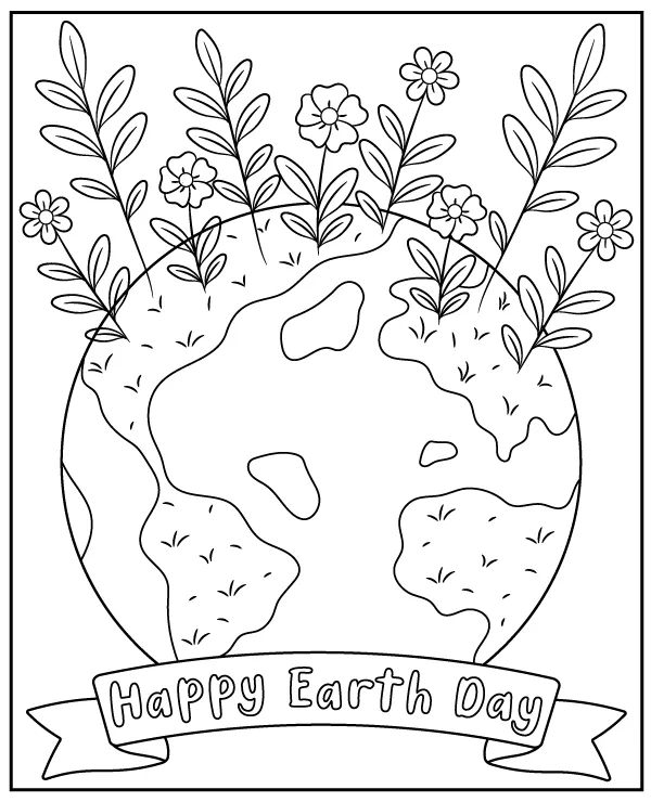 Planet Earth and Flowers Coloring Page Happy Earth Day