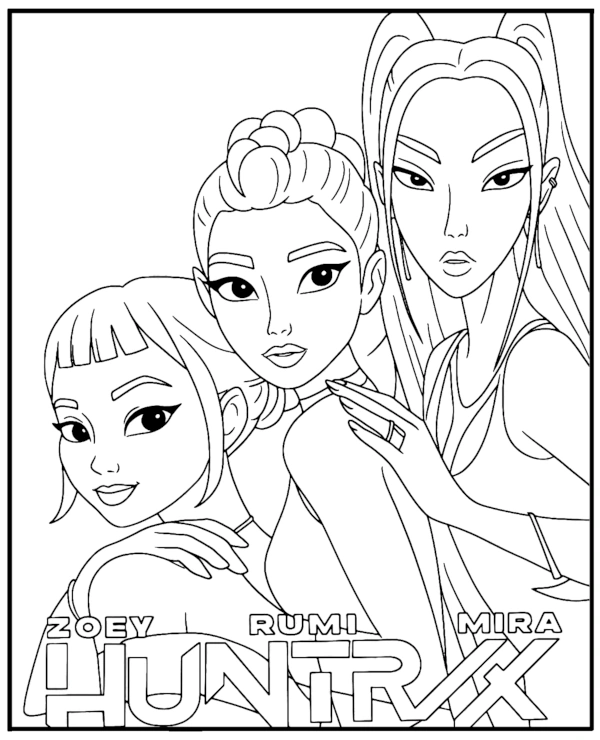 Huntrix Coloring Page Zoey, Rumi and Mira