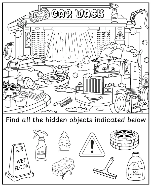 Hidden Items - Cars Car Wash Coloring Page Activity