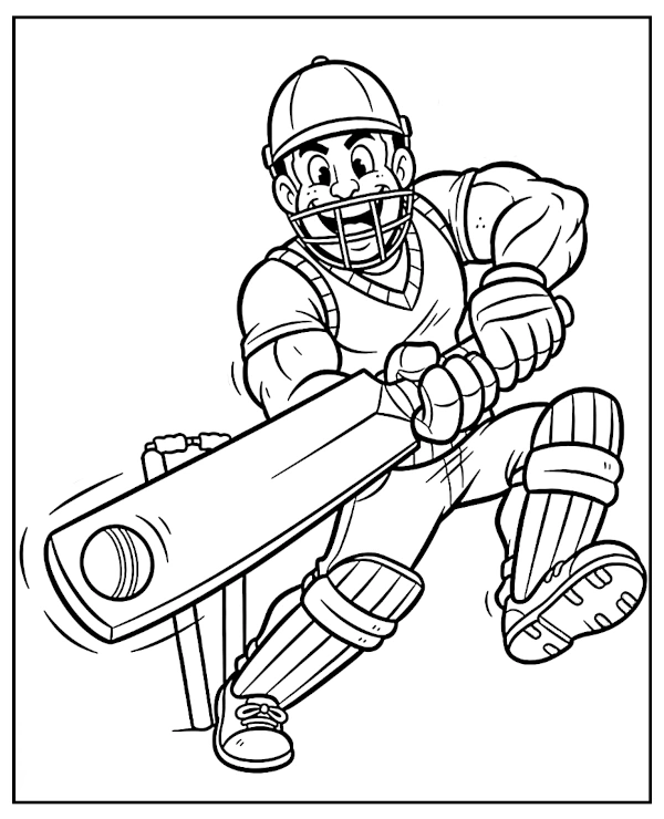 Cartoon Cricket Player Hits a Ball Coloring Page